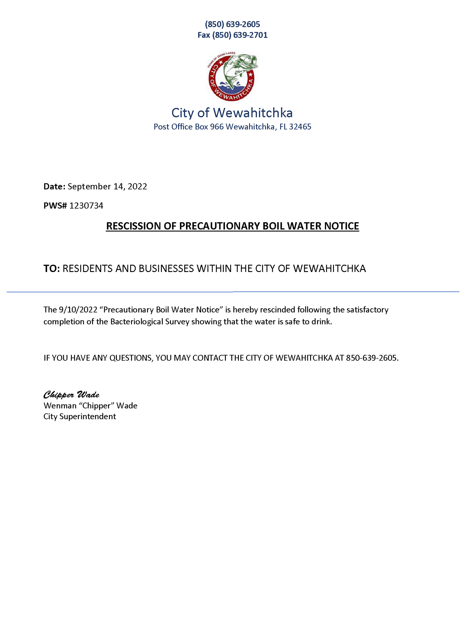 RESCISSION OF PRECAUTIONARY BOIL WATER NOTICE (Gulf County Sheriff's ...