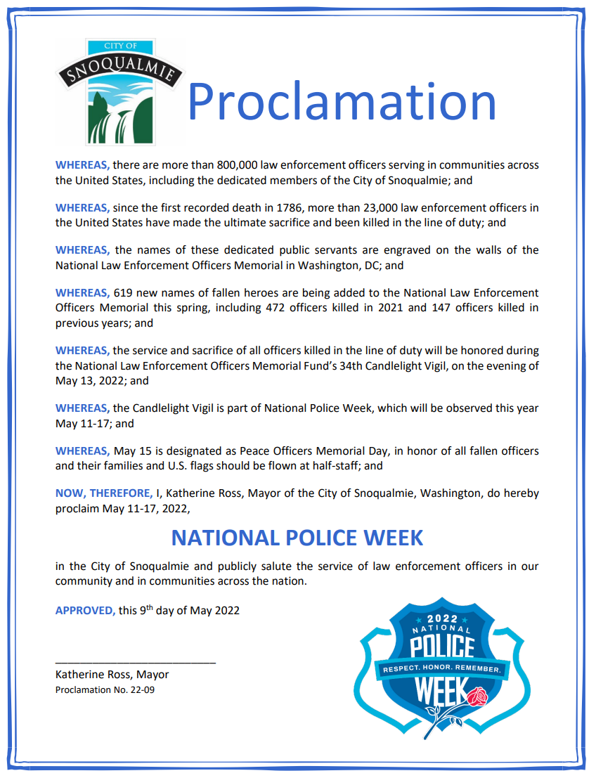 NATIONAL POLICE WEEK PROCLAIMED IN SNOQUALMIE (City of Snoqualmie ...