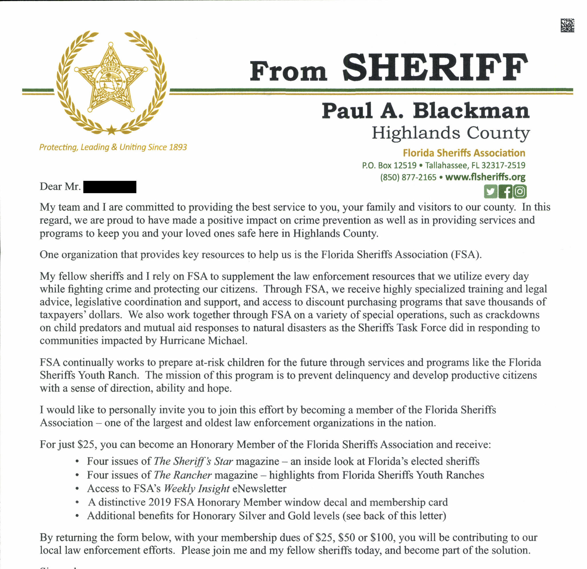 Florida Sheriff's Association letters (Highlands County Sheriff's ...