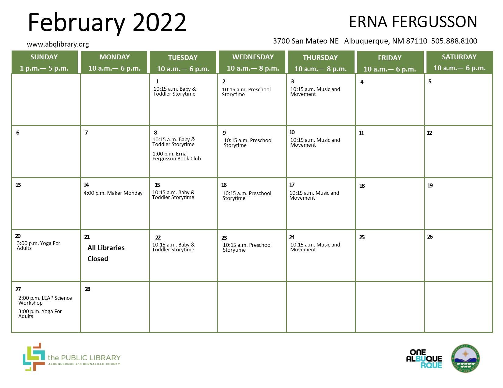 Erna Fergusson Library, February 2022 Calendar & Programs (City of ...