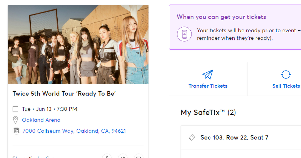 Twice 'Ready to Be' Tickets (2) | Sec 103, Row 22, Seat 7-8 for $700 in San Jose, CA | For Sale ...