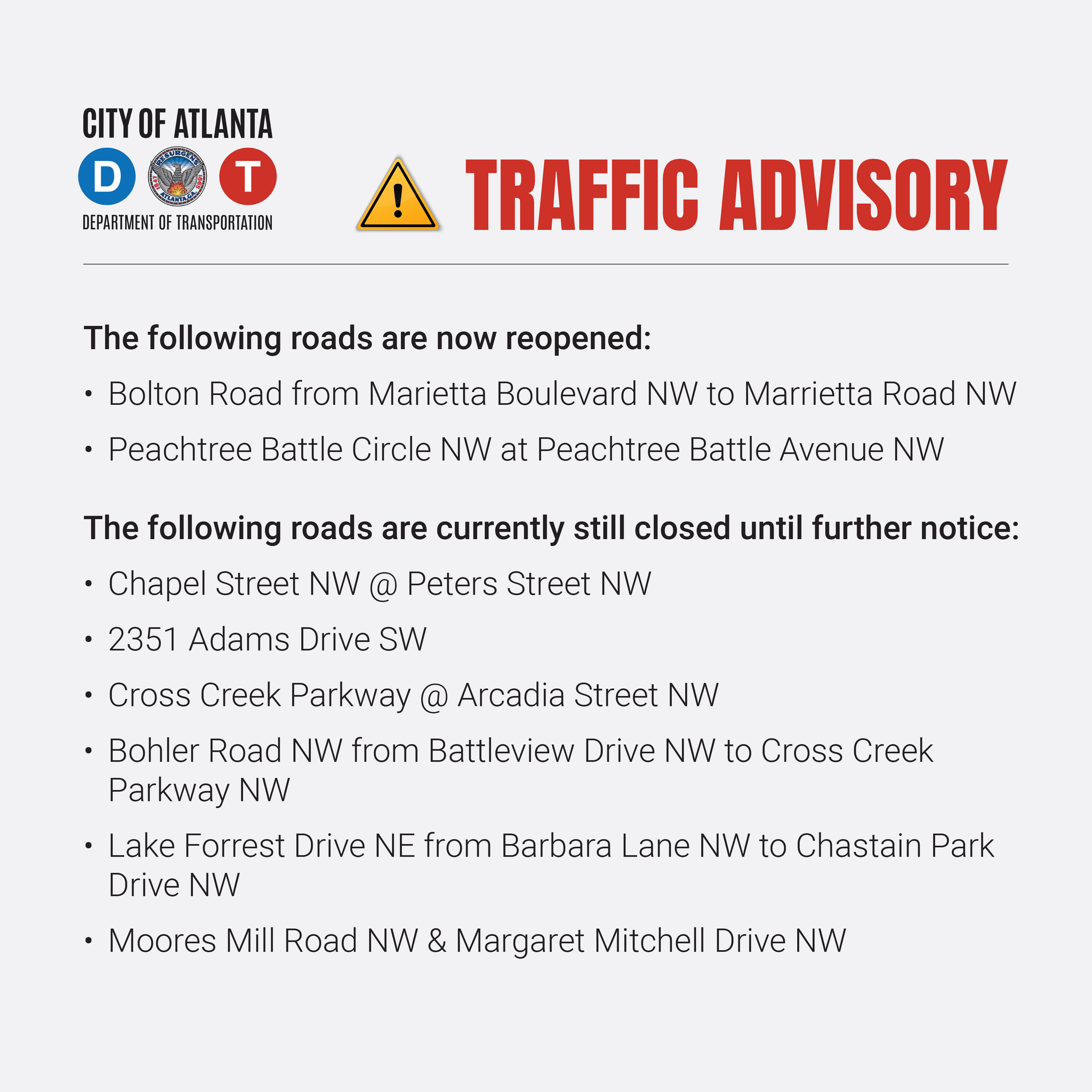 Traffic Advisory: See below the updated list of our road closures in ...