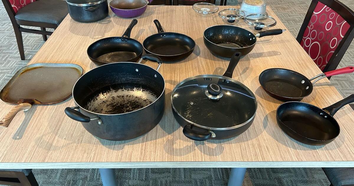 Cooking pots, frying-sauté pans-bowls and knobbed glass lids, and ...