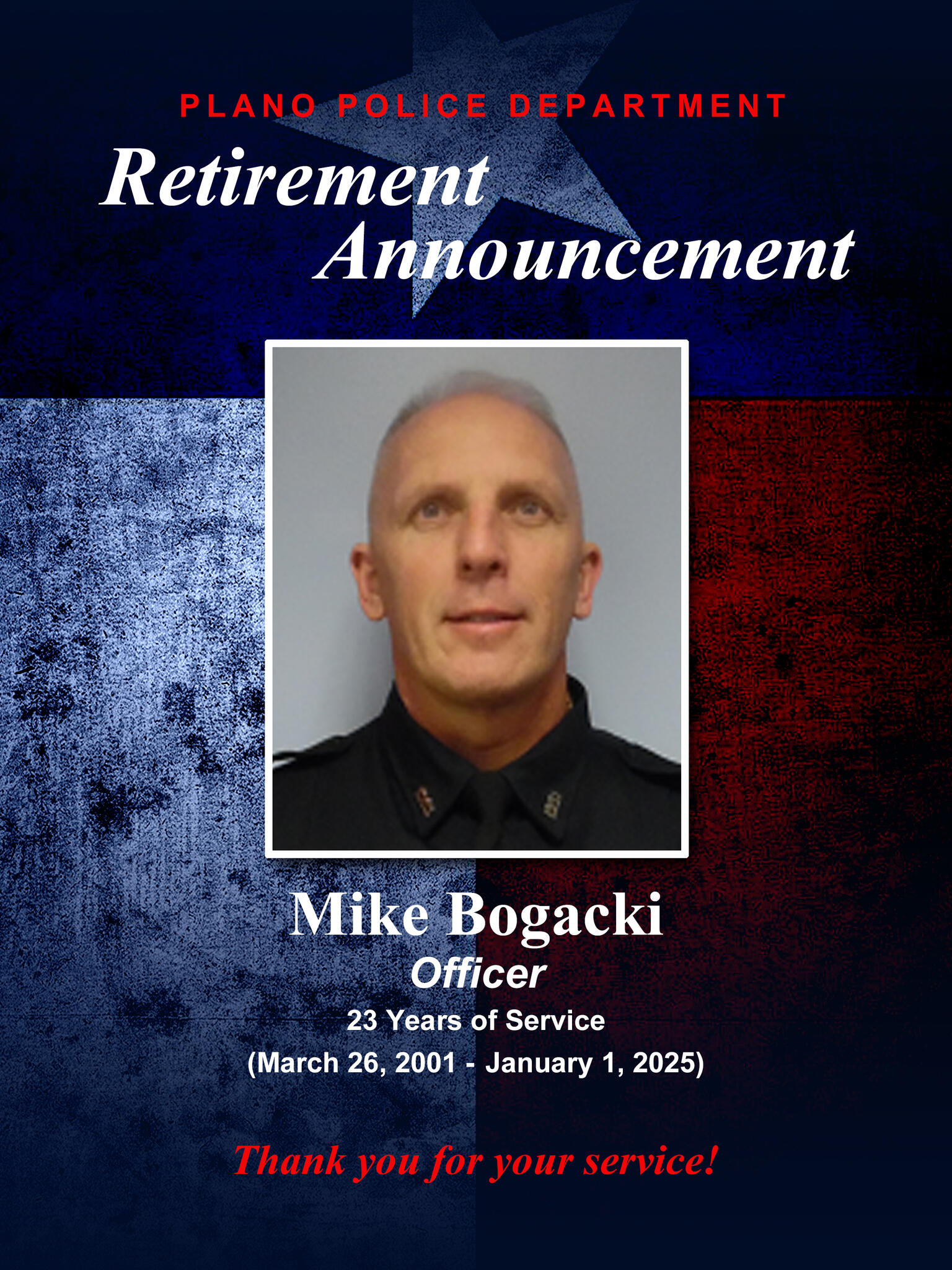 On January 1, 2025, Officer Michael Bogacki retired after over 23 years ...