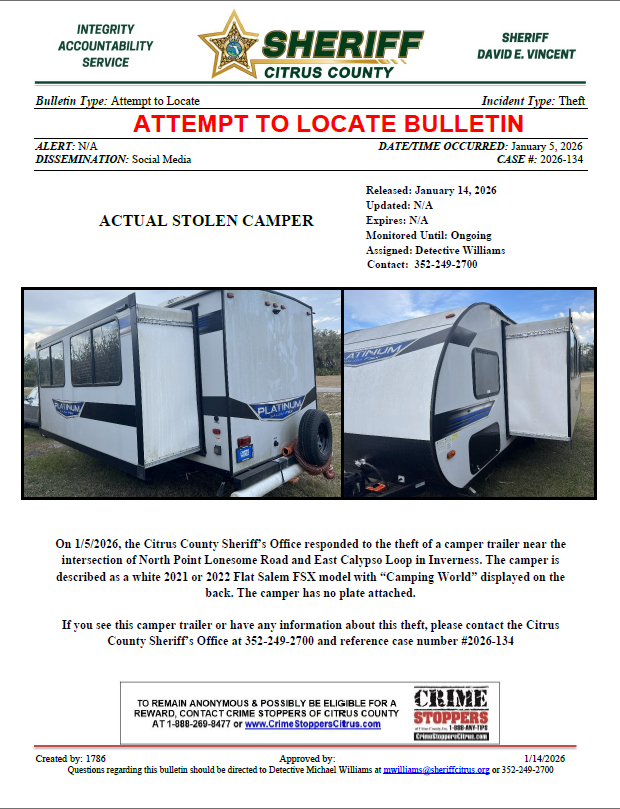 On 1/5/2026, the Citrus County Sheriff’s Office responded to the theft ...