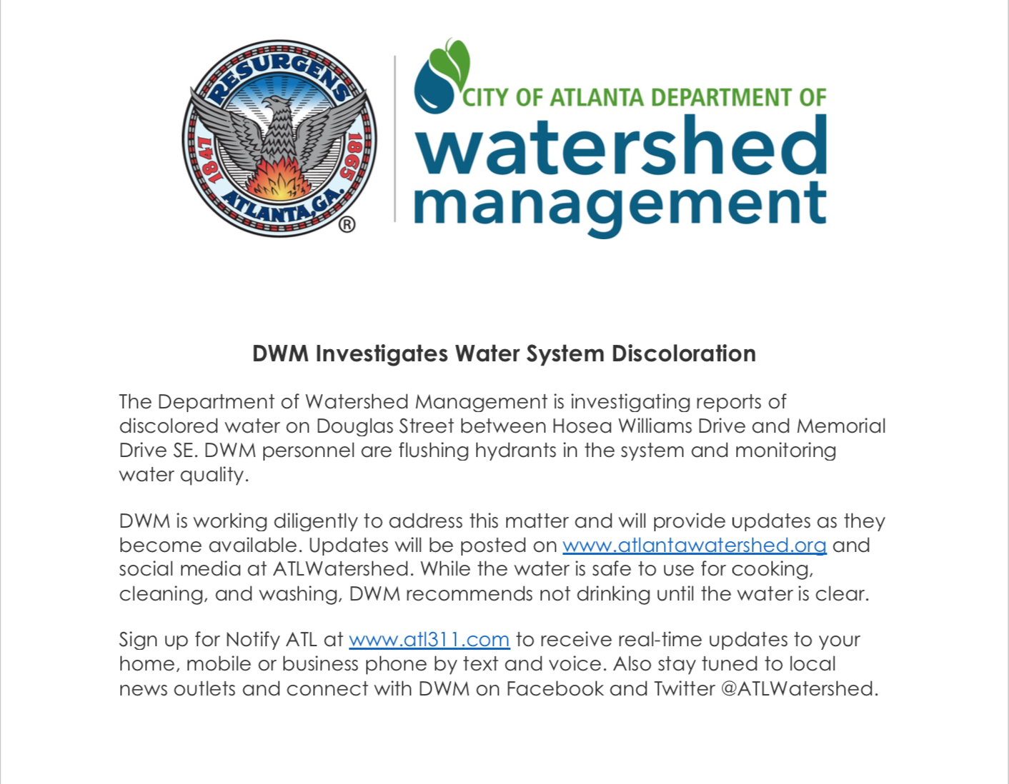 DWM Investigates Water System Discoloration (City of Atlanta Department ...