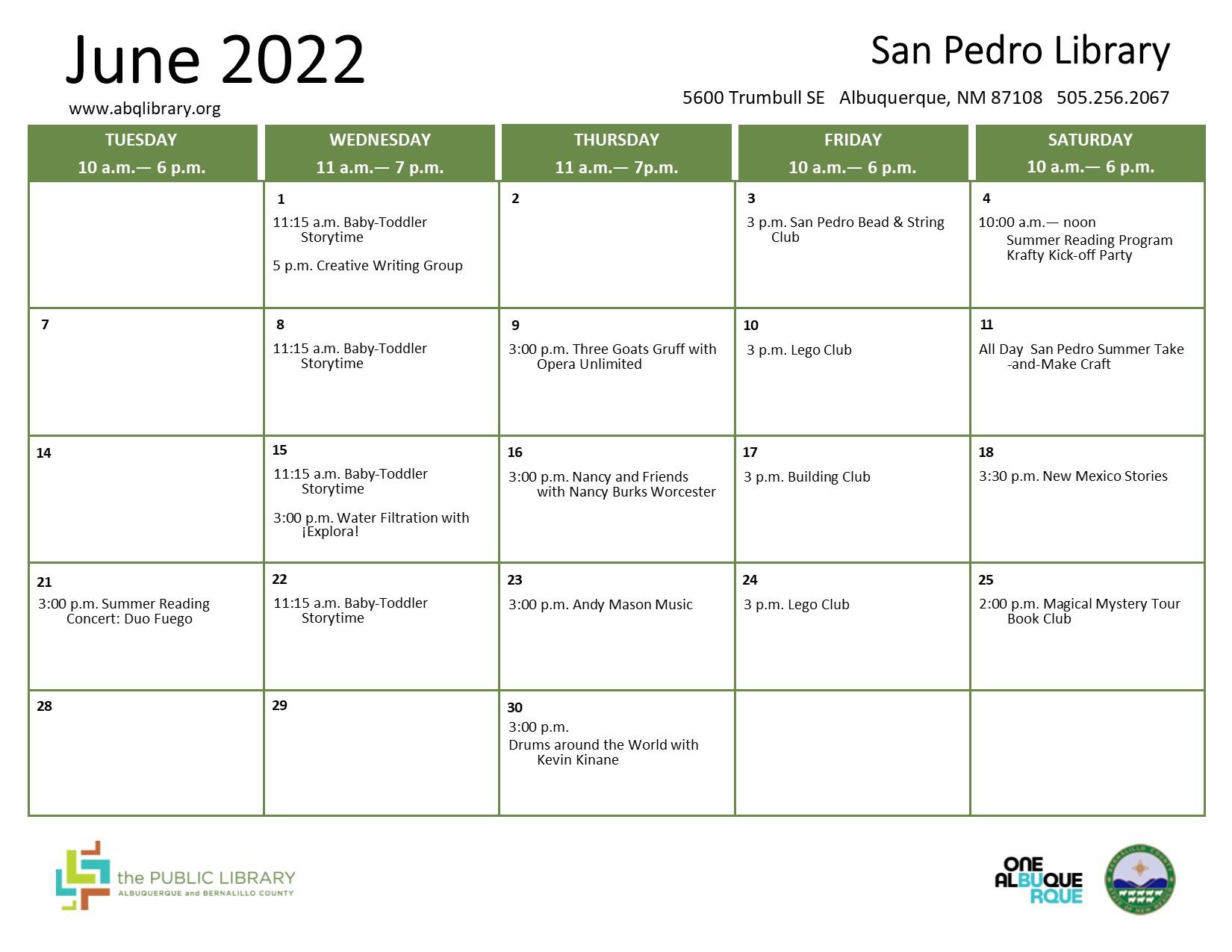 San Pedro Library, June 2022 Calendar & Programs (City of Albuquerque ...
