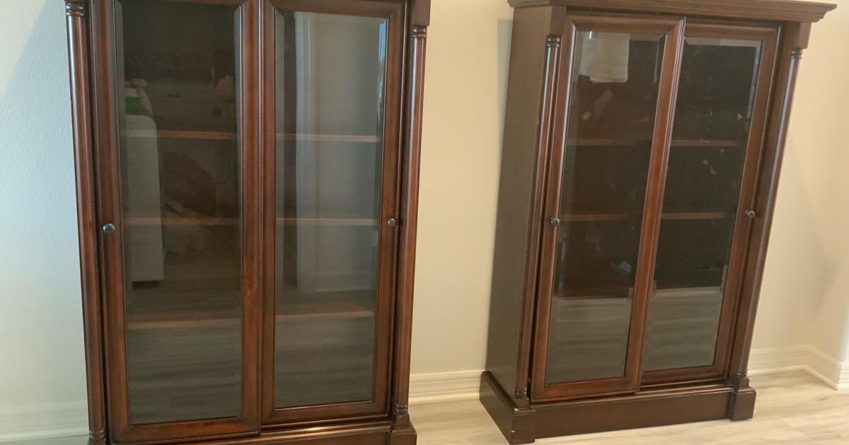 2 sturdy wood Bookcases/ curio cabinets with removable sliding glass ...