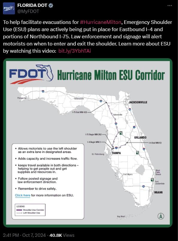 If you're evacuating for Hurricane #Milton, don't wait! (Florida ...