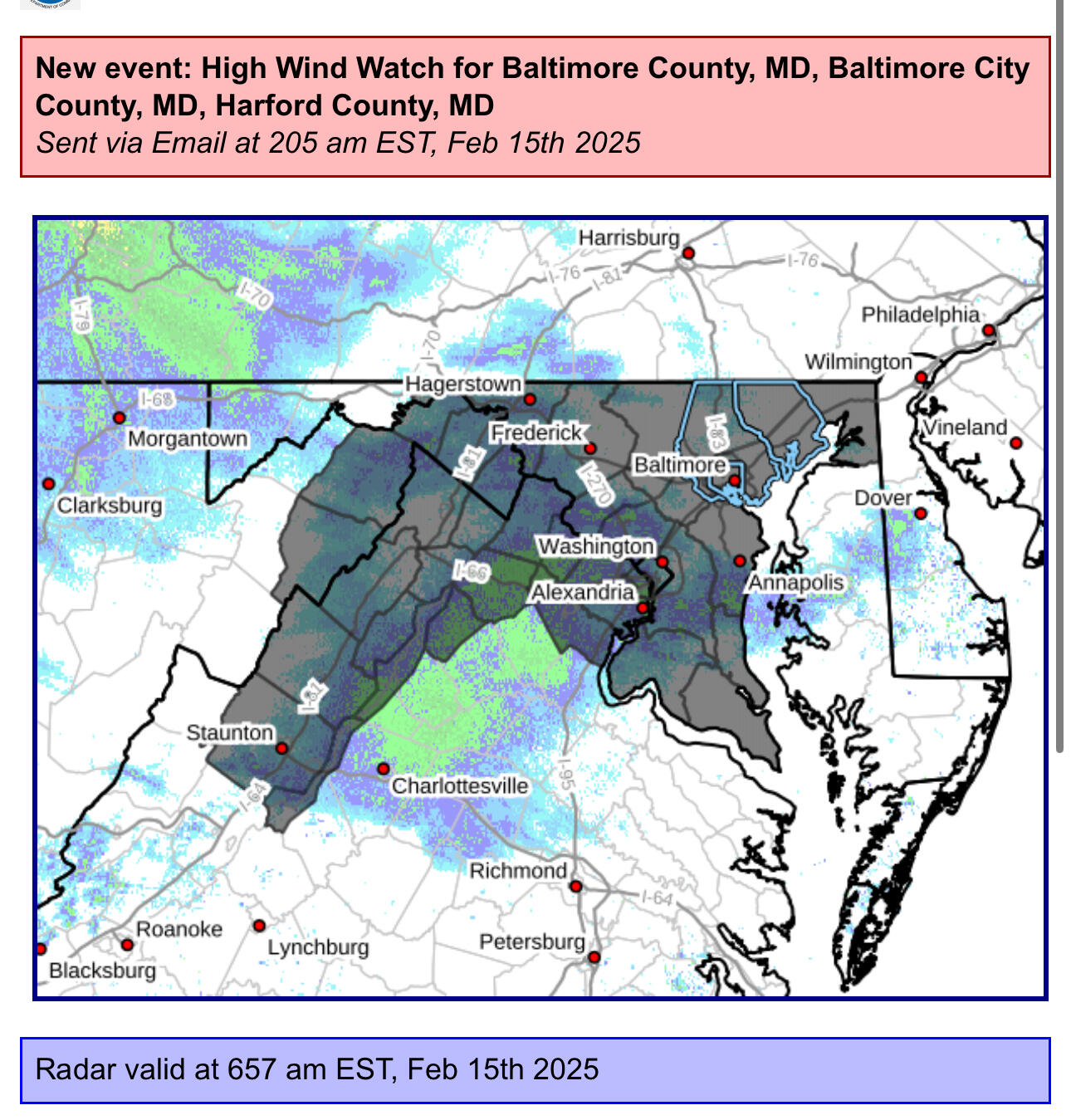 The US National Weather Service Baltimore/Washington has issued a HIGH ...