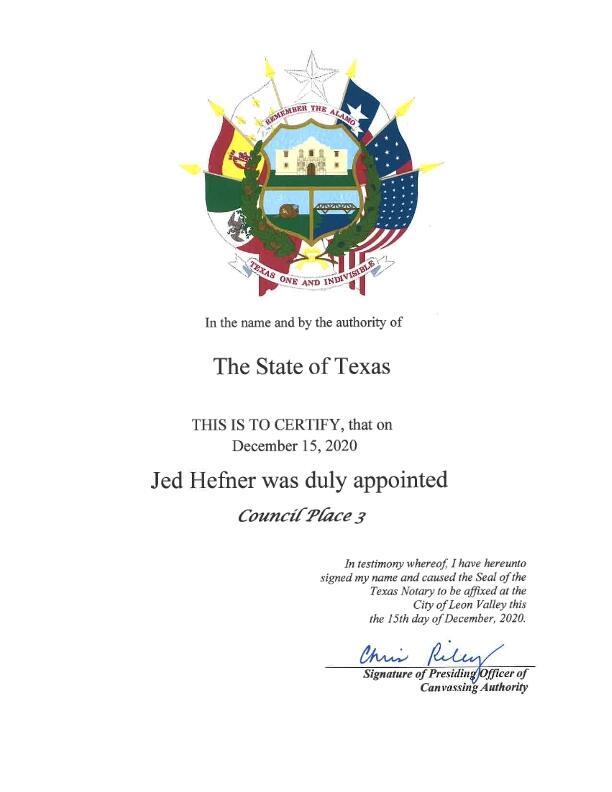 Presenting the Certificate of Appointment to New Councilmember Jed ...