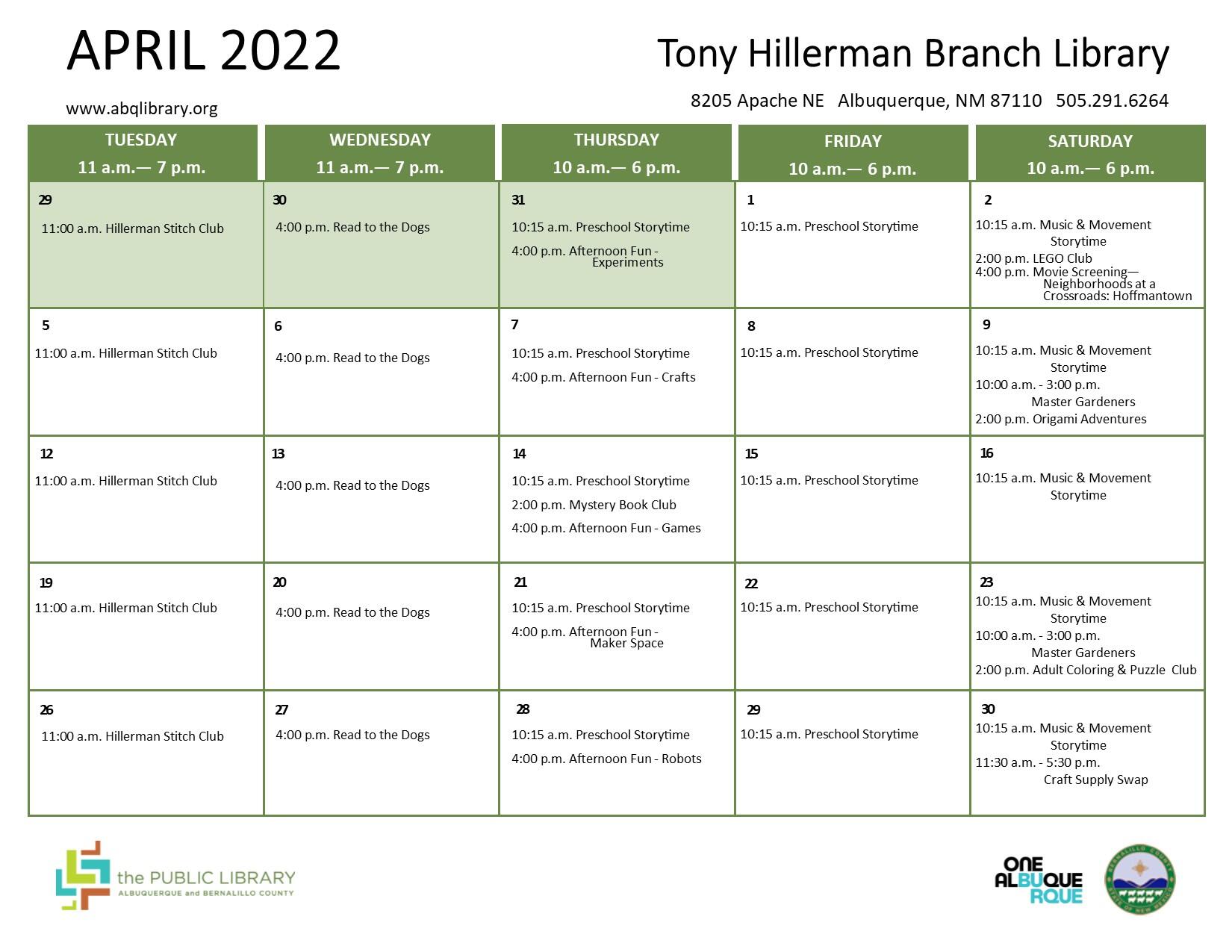 Tony Hillerman Library, April 2022 Calendar & Programs (City of ...