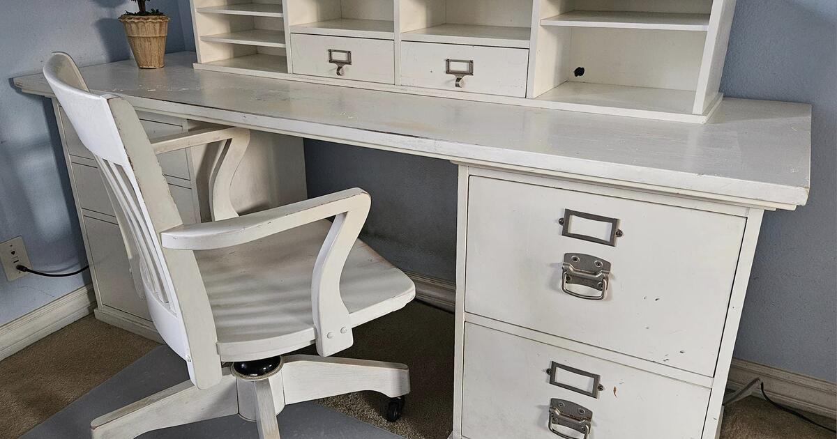 Pottery Barn White Executive Bedford Desk, Hutch, and Chair - PENDING ...