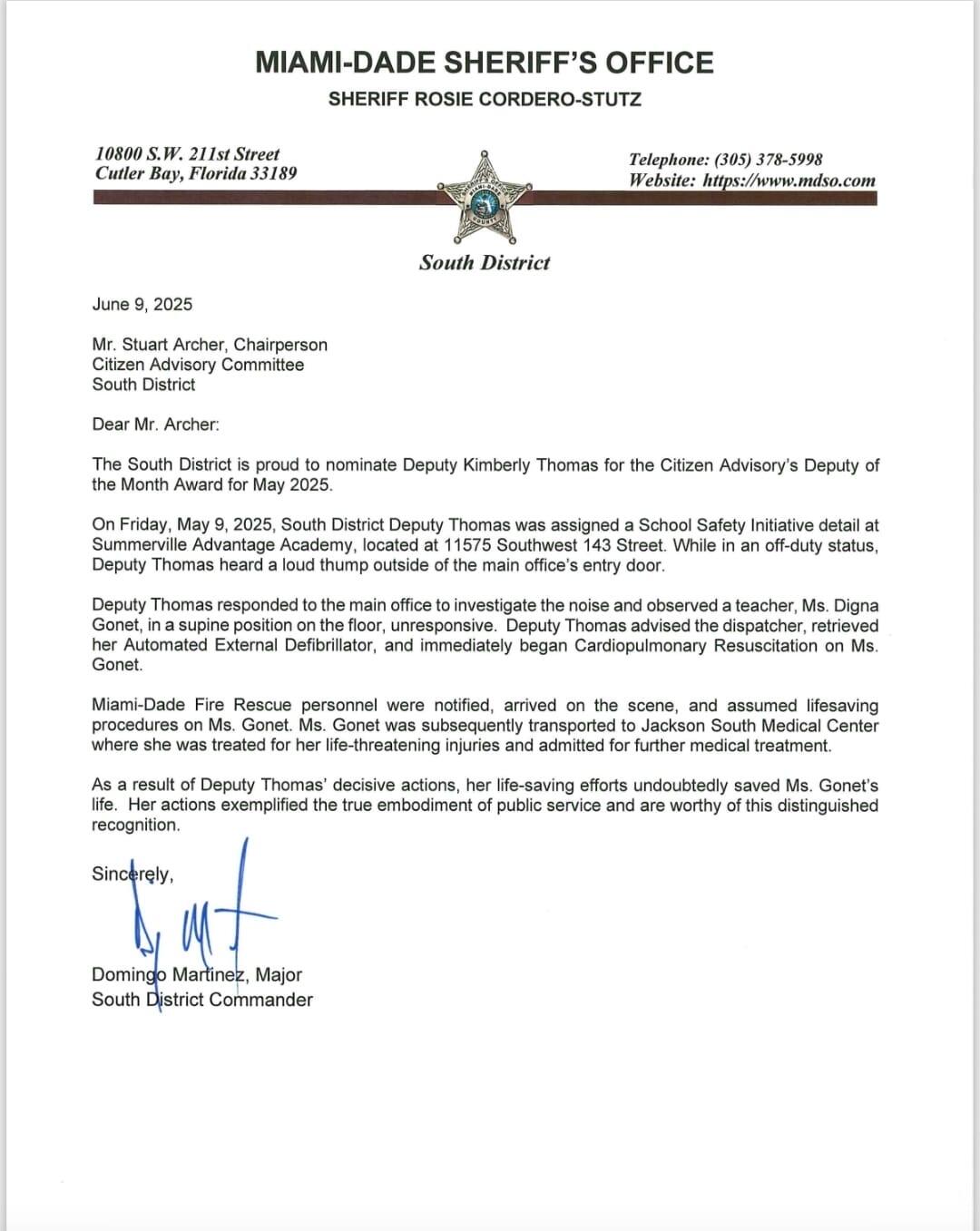 Deputy Kimberly Thomas was nominated as the South District, Citizen Advisory Committee (CAC ...