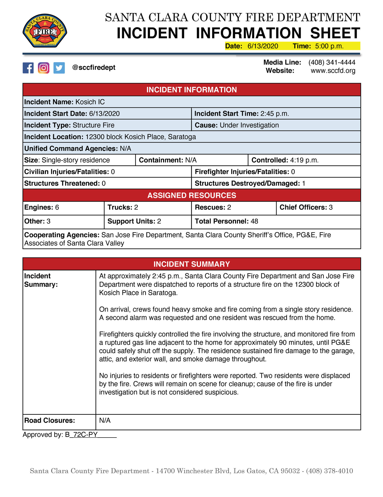 SCCFD Incident Information - Structure Fire, Kosich Place, Saratoga ...