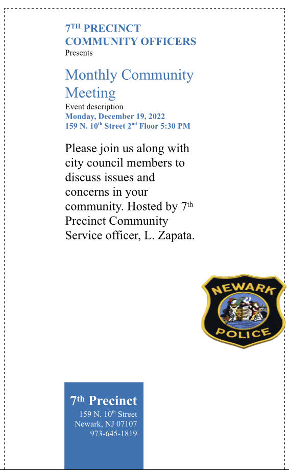 7th Precinct To Host Community Meeting (Newark Department of Public ...