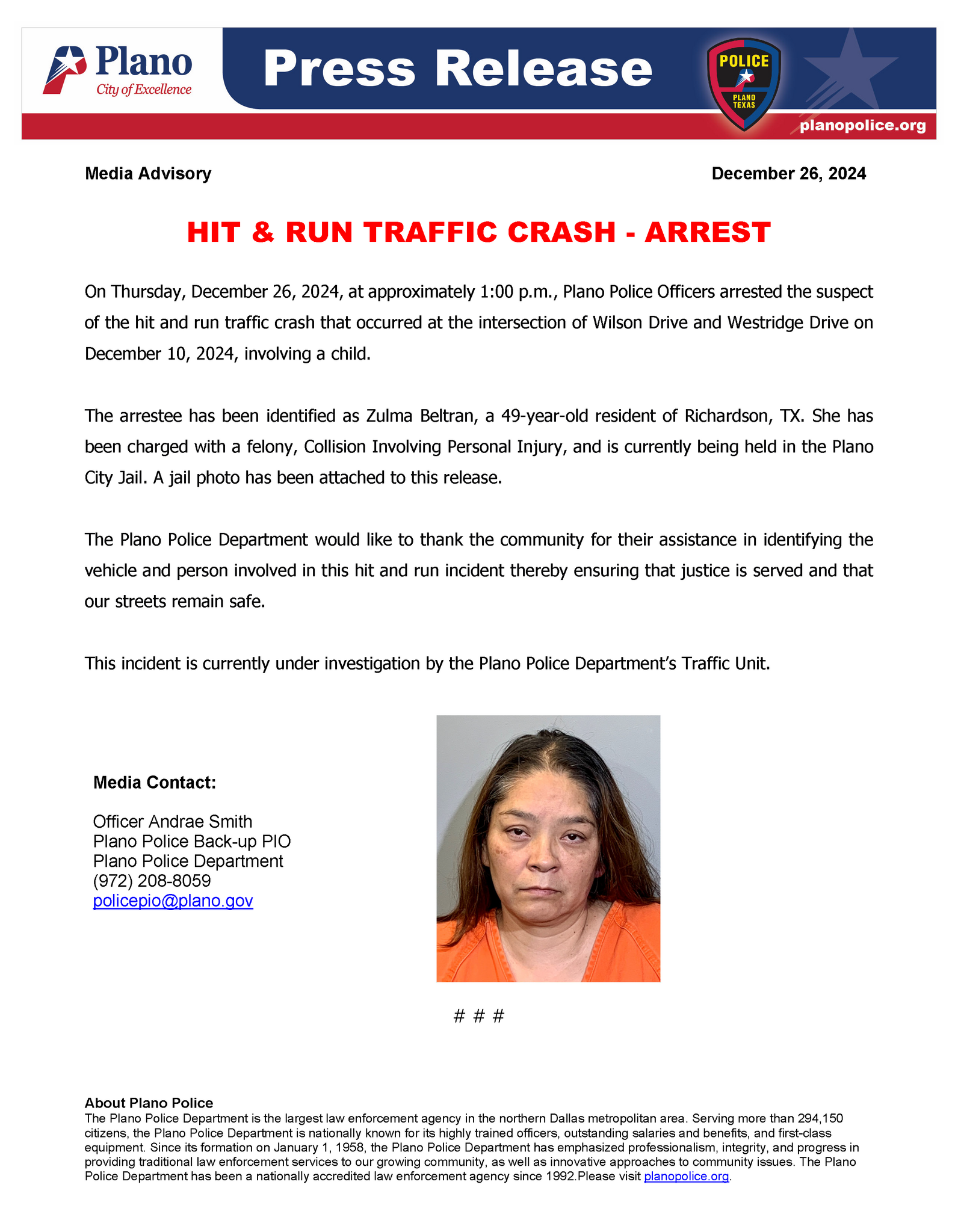 HIT & RUN TRAFFIC CRASH - ARREST (Plano Police Department) — Nextdoor ...