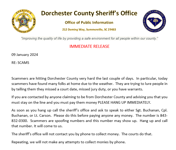 SCAM ALERT (Dorchester County Sheriff's Office) — Nextdoor — Nextdoor