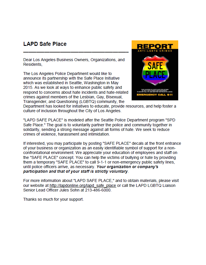 Public Safety Program: LAPD Safe Place Initiative (Los Angeles Police ...