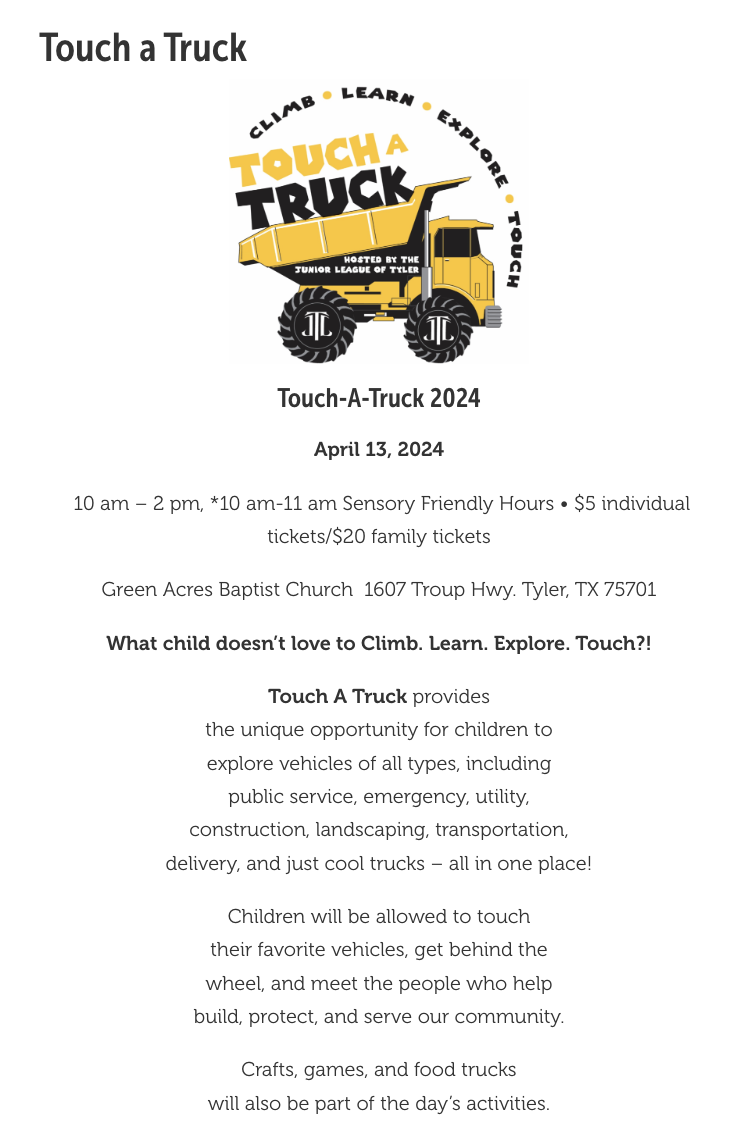 Come on out and see TxDOT at the Junior League of Tyler’s Touch a Truck ...