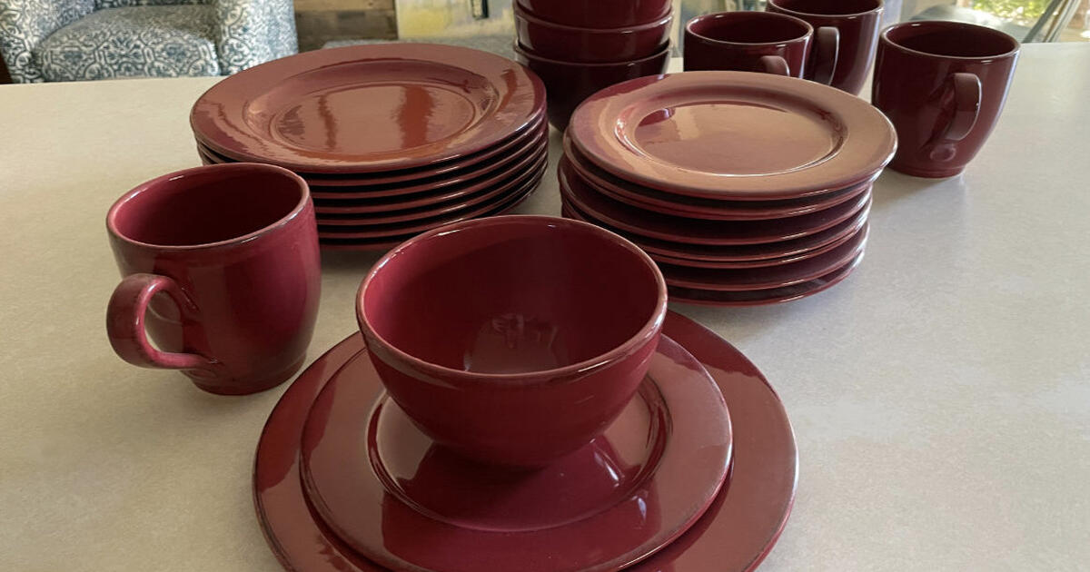 Like New, Pier 1, Italian, Tuscan Burgundy Red, Ceramic Dish Ware Set ...