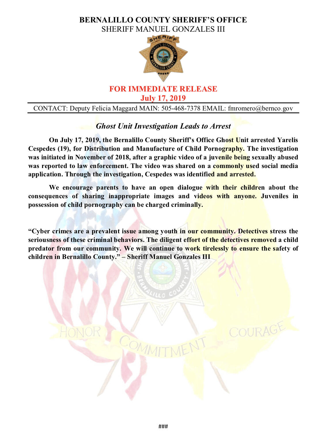 ***Press Release*** Ghost Unit Investigation Leads to Arrest (Bernalillo County Sheriff's Office ...
