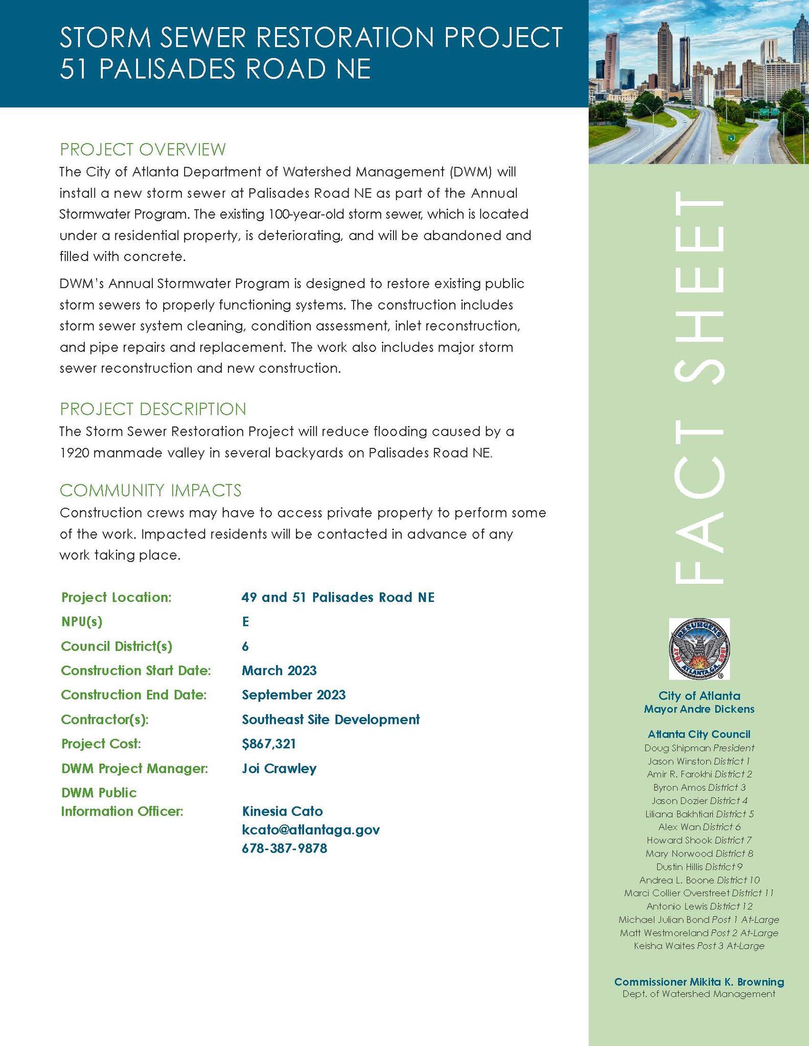 PROJECT FACT SHEET: STORM SEWER RESTORATION PROJECT – 51 PALISADES ROAD ...